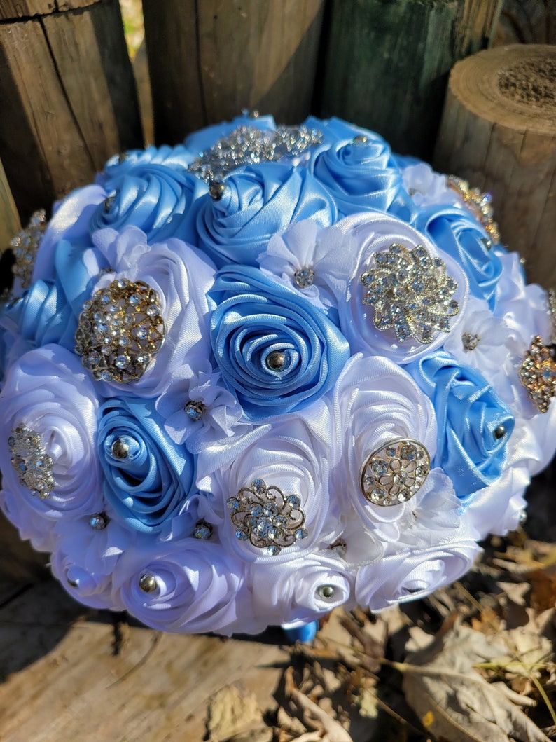 Bridal Bouquet With White and Baby Blue Satin Ribbon Roses, Silver ...