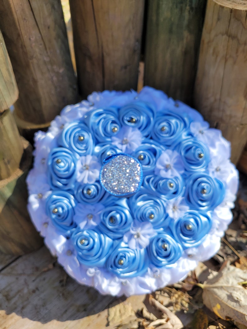 Bridal Bouquet With White and Baby Blue Satin Ribbon Roses, Silver ...