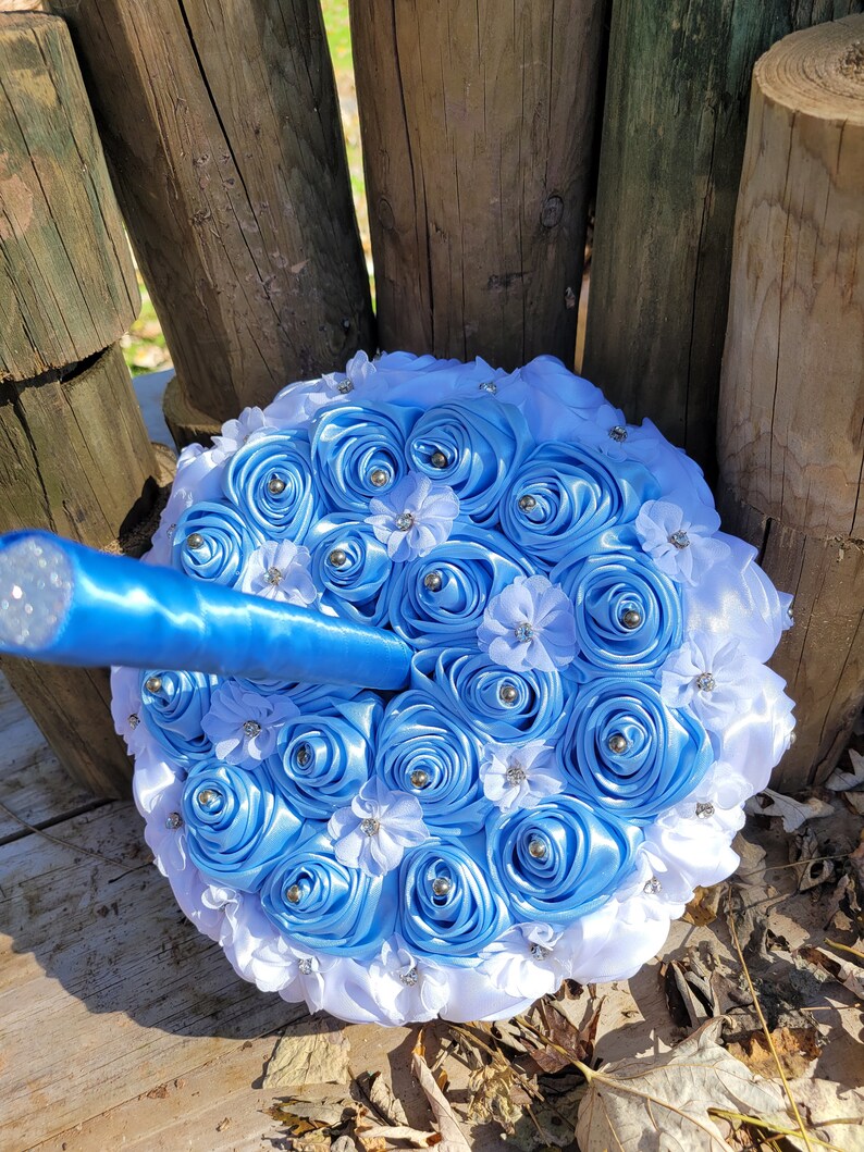 Bridal Bouquet With White and Baby Blue Satin Ribbon Roses, Silver ...