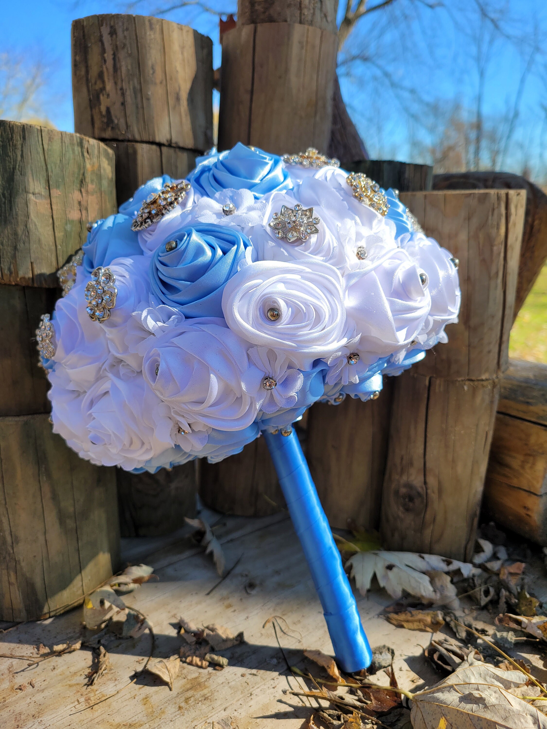 Bridal Bouquet With White and Baby Blue Satin Ribbon Roses, Silver ...