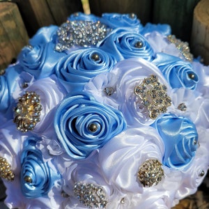 Bridal Bouquet With White and Baby Blue Satin Ribbon Roses, Silver ...