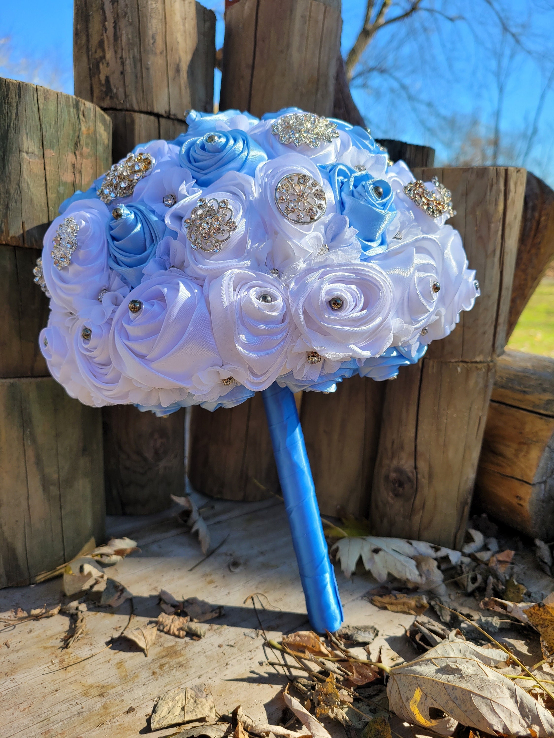 Bridal Bouquet With White and Baby Blue Satin Ribbon Roses, Silver ...