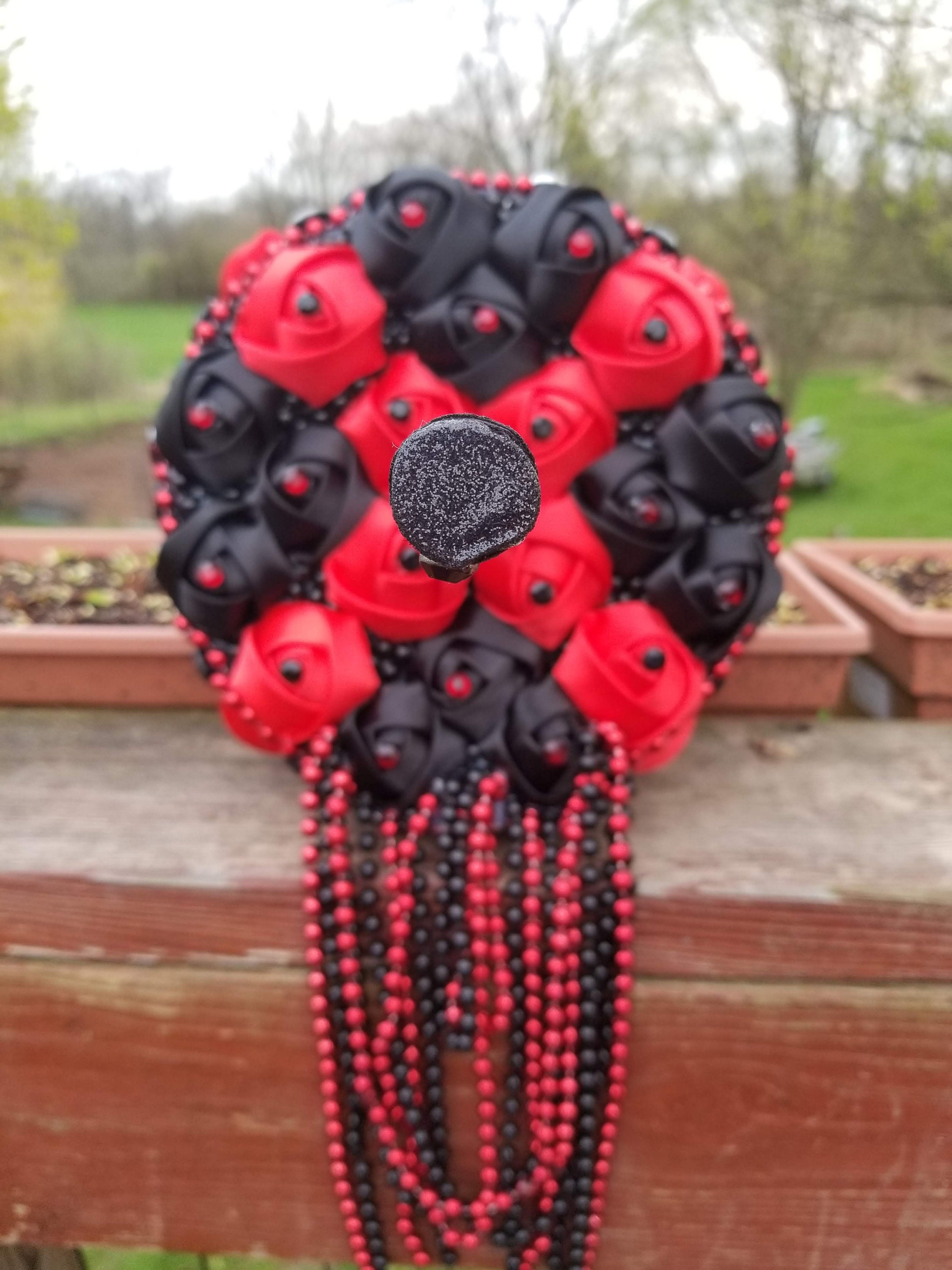 Bridal Bouquet With Red and Black Satin Roses and Accented With a Black ...