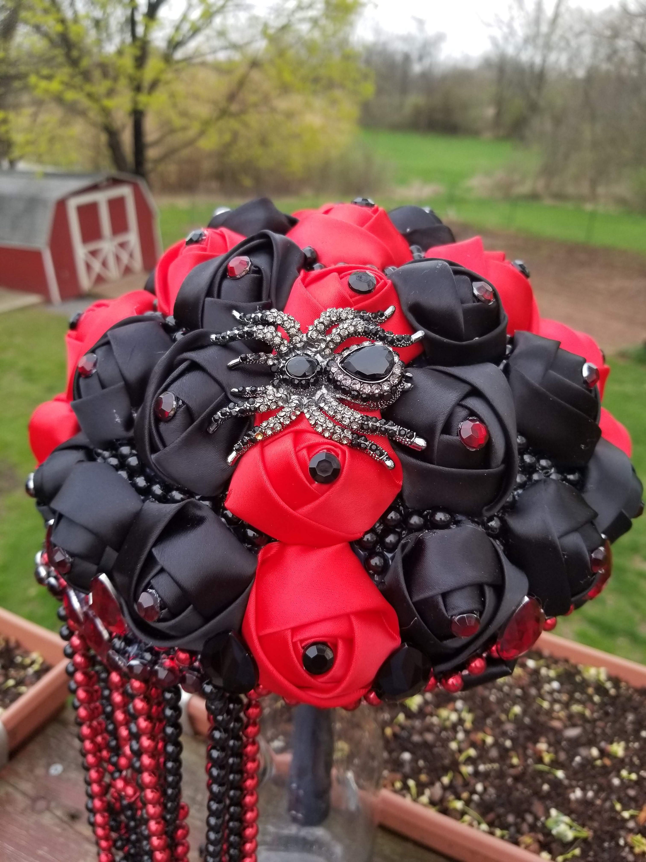Bridal Bouquet With Red and Black Satin Roses and Accented With a Black ...