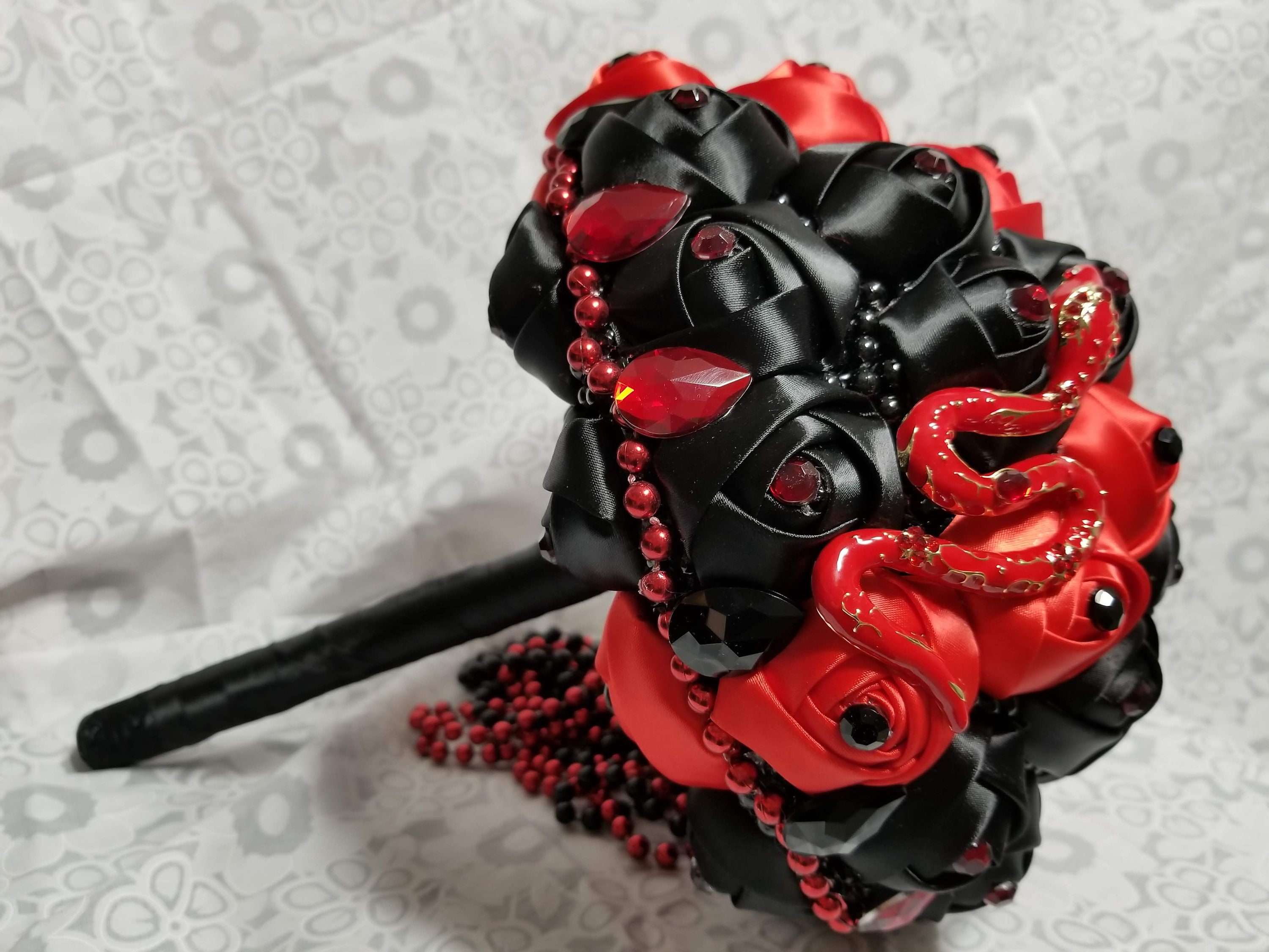 Bridal Bouquet With Red and Black Satin Roses and Accented With a Black ...