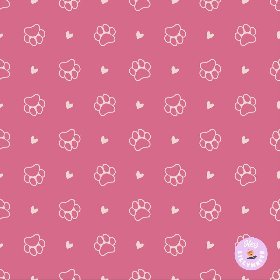 Pink Mauve and Bone Paw Prints and Hearts Seamless Pattern, Cat Paws or ...