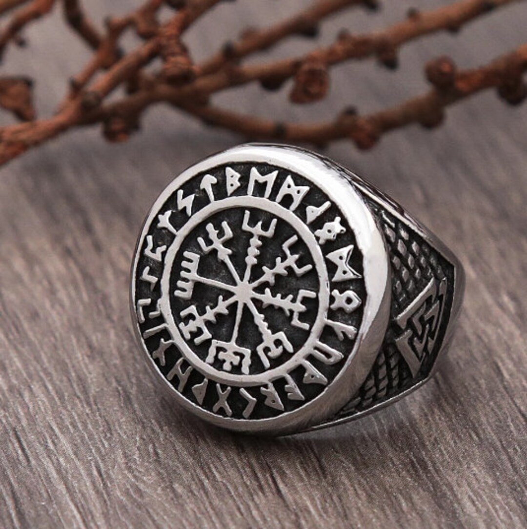 Mens Silver Vintage Odin Viking Rune Compass Ring Engraved Symbol ...