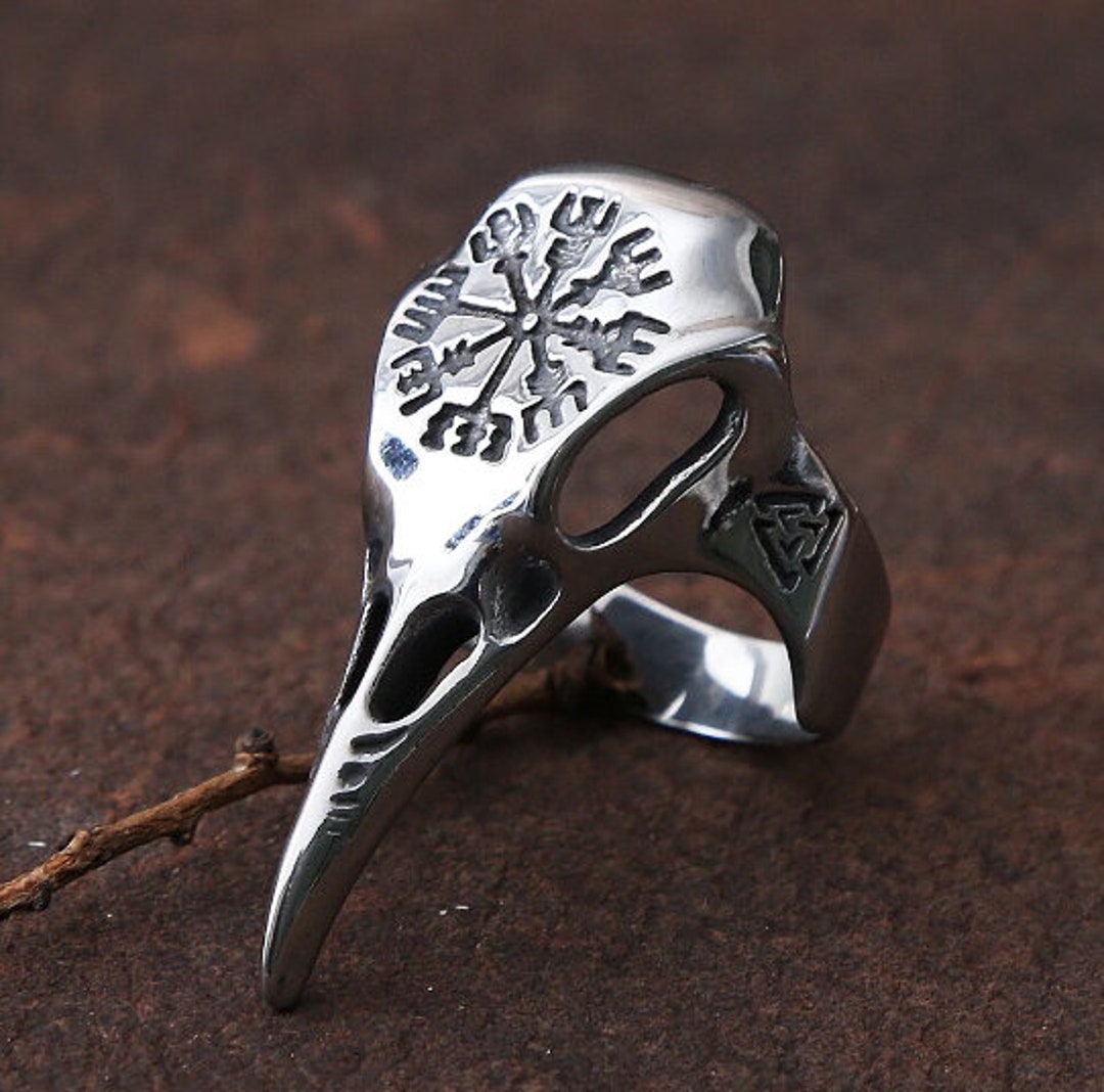 Mens Silver Gothic Crow Skull Ring Engraved Symbol Stainless Steel ...