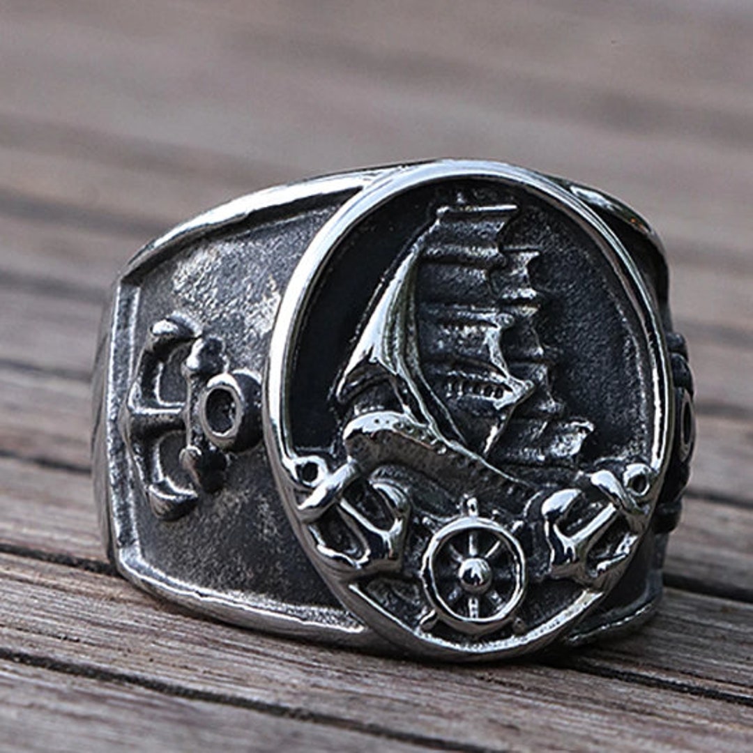 Mens Silver Nordic Sailboat Signet Ring Viking Engraved Yggdrasil ...