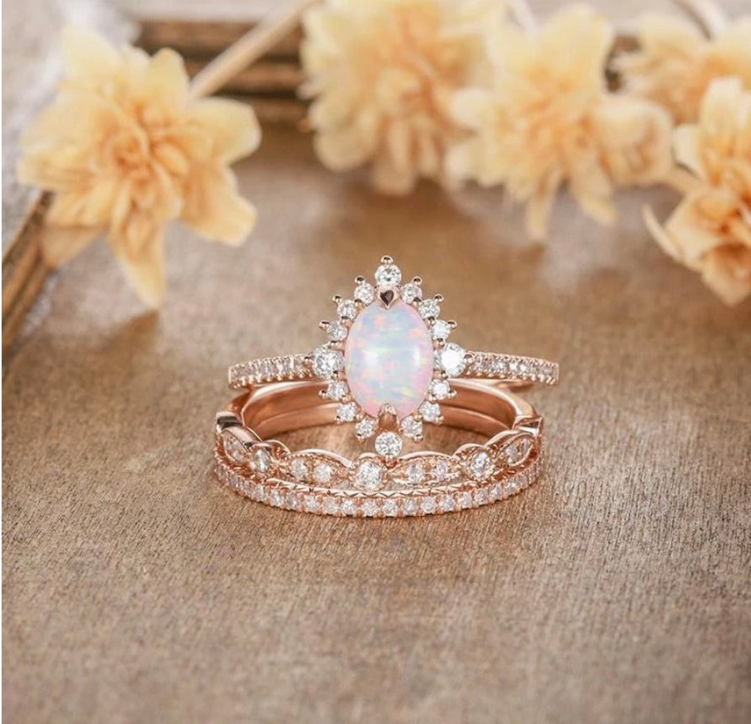 Women's Fire Opal Rose Gold 3pc Inlay Zircon Promise Rings Set - Etsy