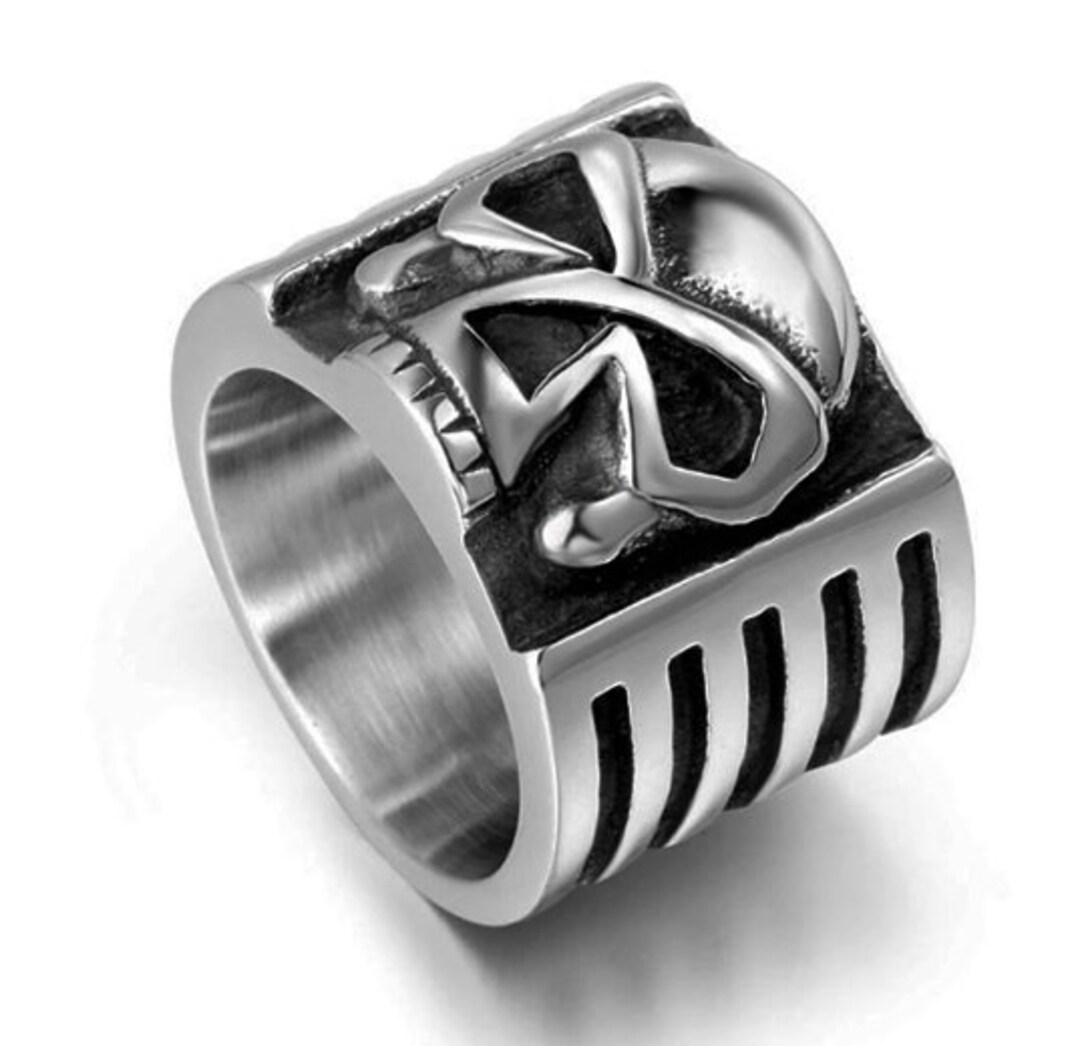 Mens Silver Vintage Stainless Steel Ghost Skull Ring Engraved Symbol ...