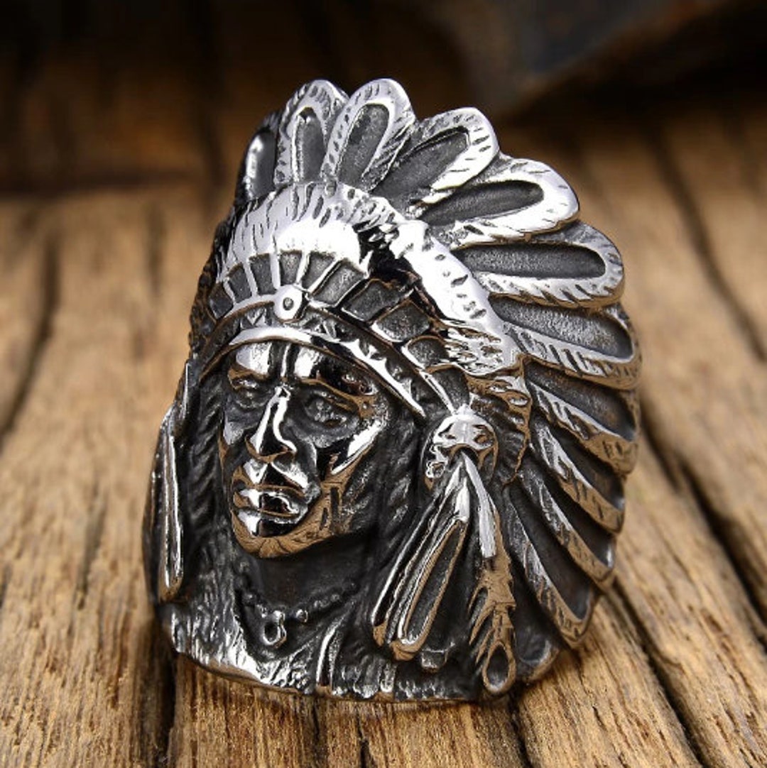 Mens Silver Indian Chief Signet Ring Viking Engraved Yggdrasil Rustic ...