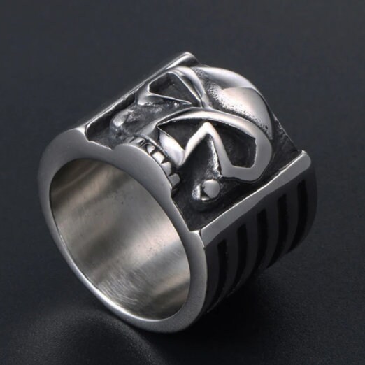 Mens Silver Vintage Stainless Steel Ghost Skull Ring Engraved Symbol ...