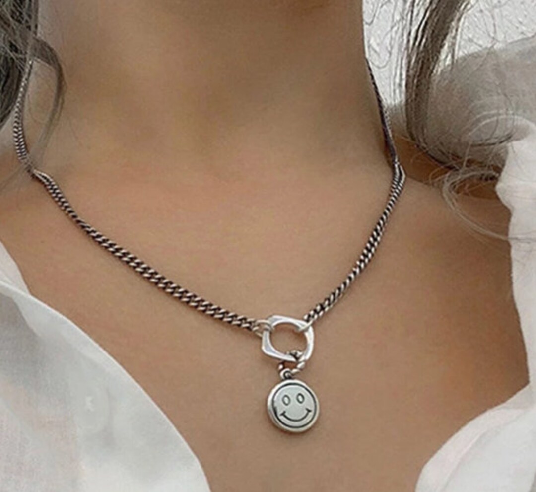 Vintage Silver Happy Smiley Face Chain Necklace for Women Trendy Gifts ...