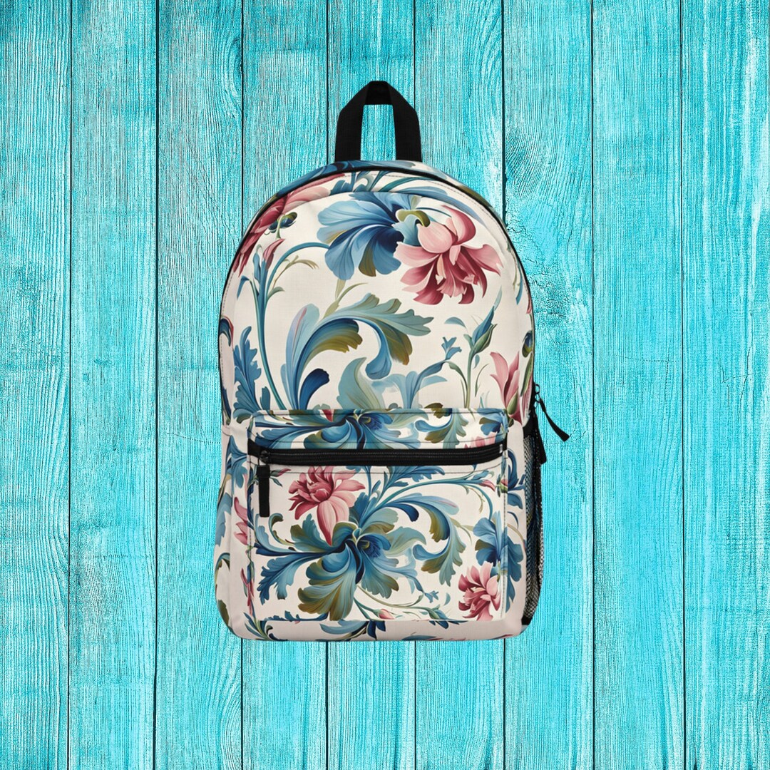Pink Floral Rosemaling Backpack Floral Waterproof Norwegian ...