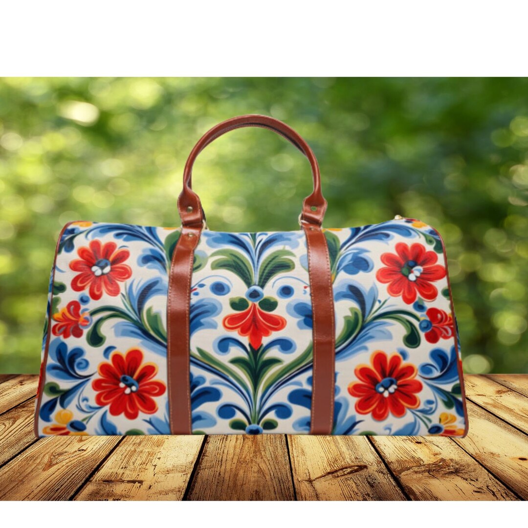 Rosemaling Waterproof Travel Bag, Floral Design Tote Purse ...