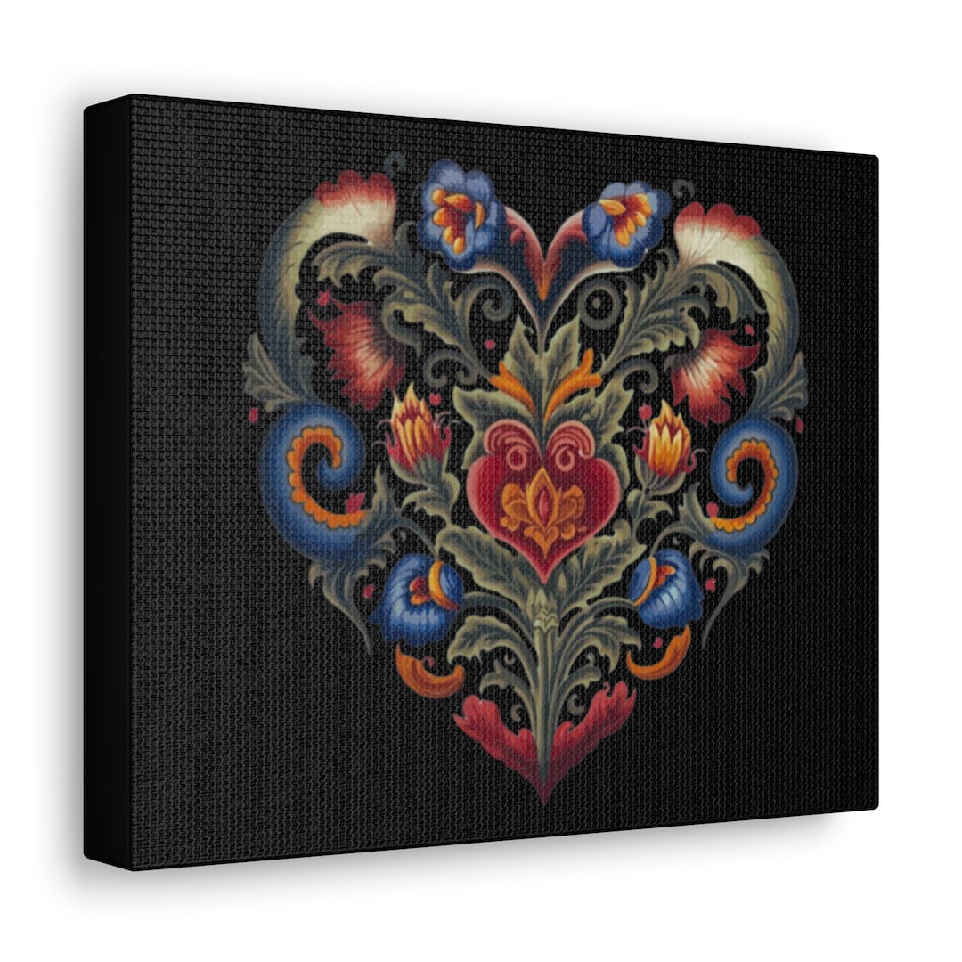 Rosemaling Heart on Black Canvas Gallery Wrap Norwegian Art Swedish ...