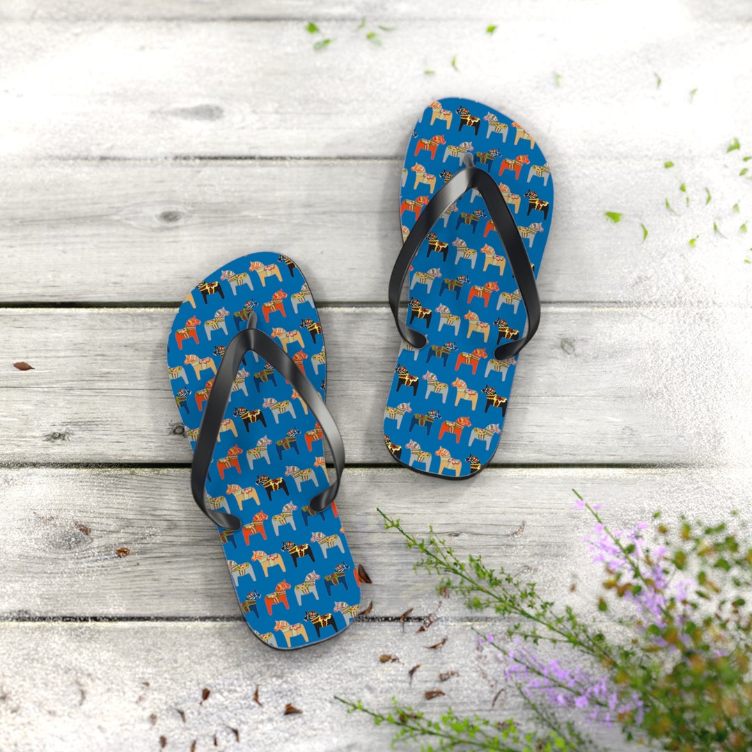 Dala Horse Flip Flops on BLUE Background Scandinavian Swedish Sandals ...
