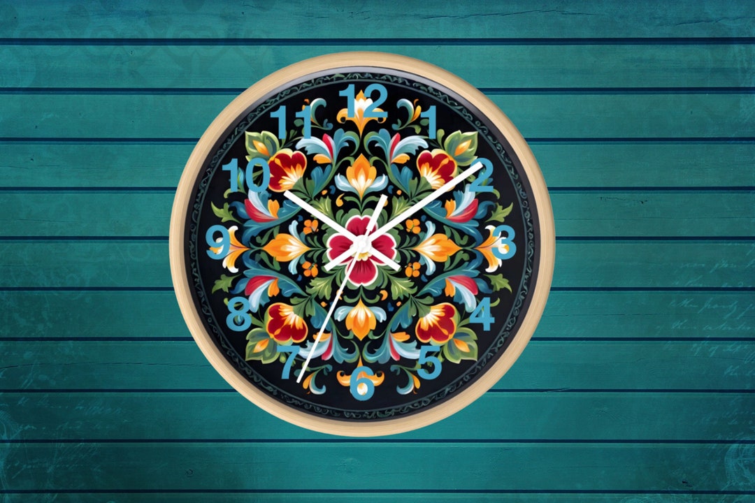 Rosemaling Wall Clock Scandinavian Norwegian Rosemaled Swedish Telemark ...