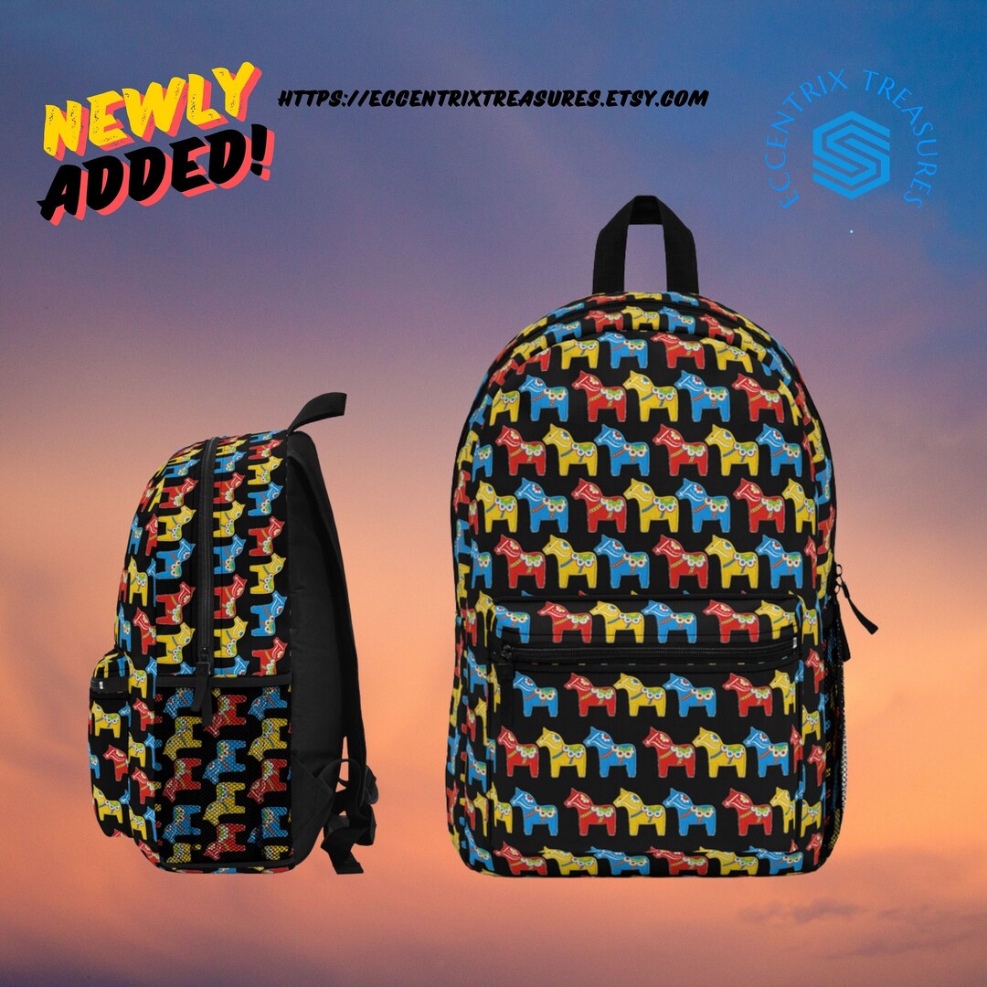 BLACK Dala Horse Backpack Waterproof Scandinavian Book Bag, Swedish ...