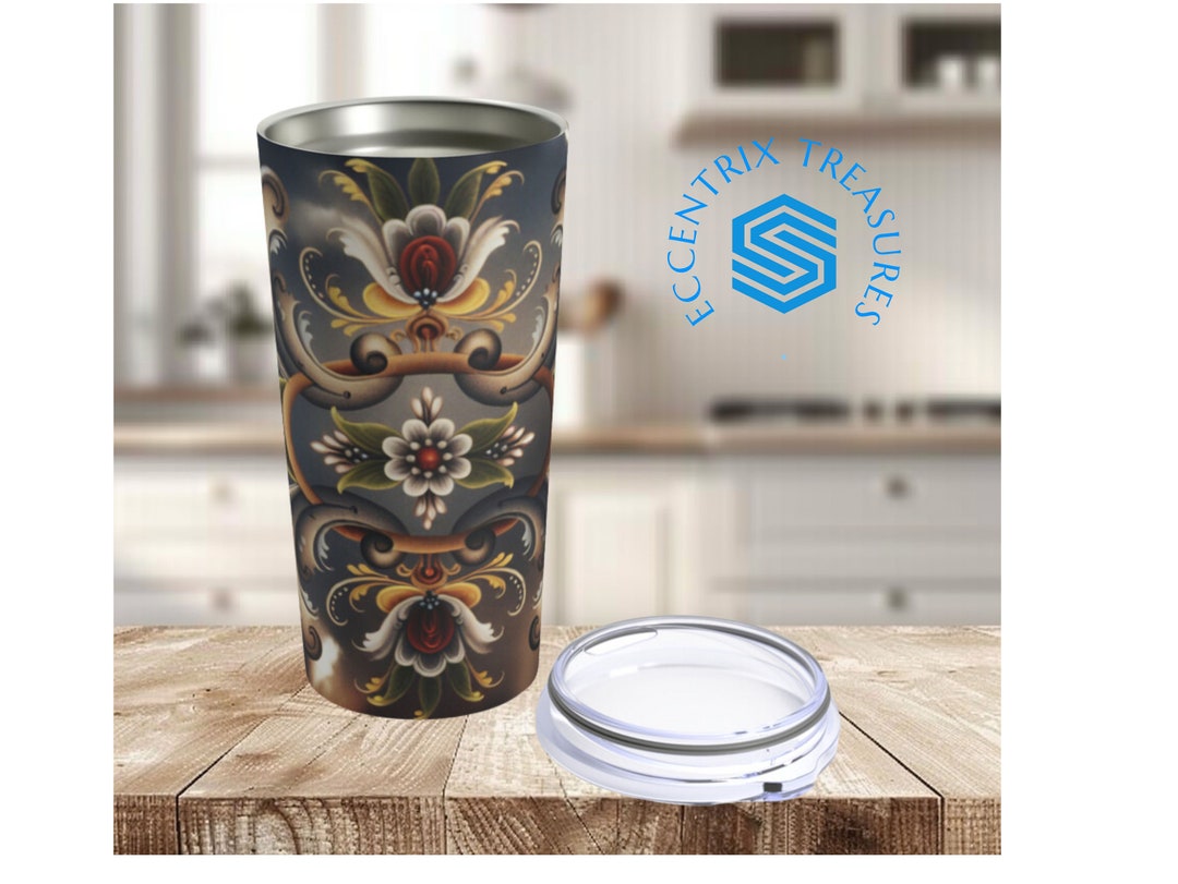 Gray Rosemaling Coffee Drink Tumbler 20oz Scandinavian Travel Mug ...