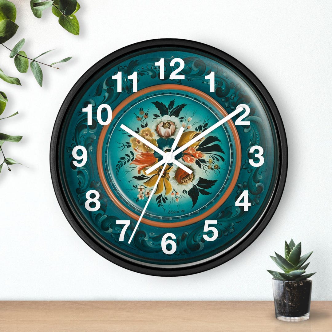 Rosemaling Wall Clock Scandinavian Norwegian Rosemaled Swedish Telemark ...