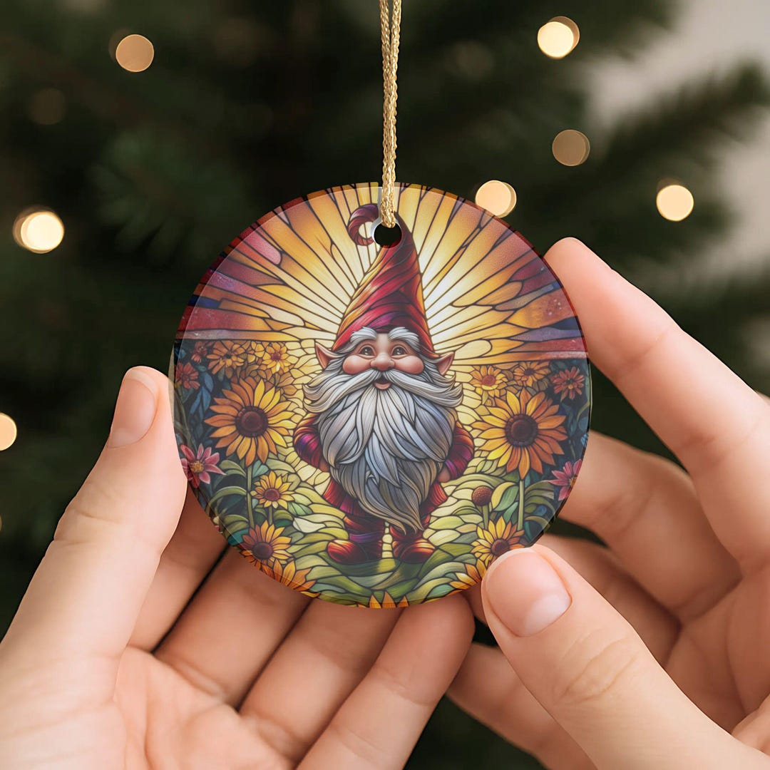 Ceramic Ornaments, Gnome Stained Glass Look Ornament, Christmas Scandi ...