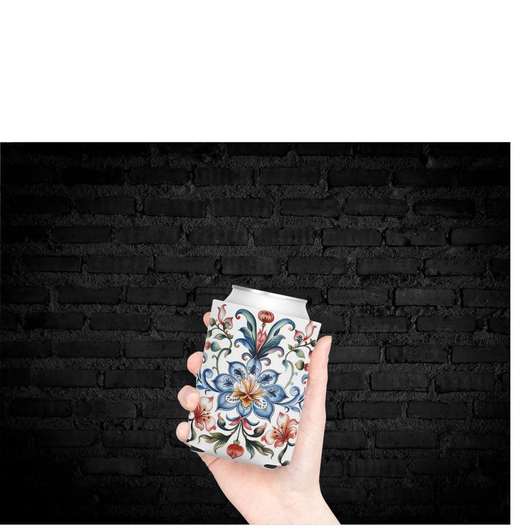 White Rosemaling Can Cooler - Scandinavian Koozie, Wood-look Drink ...