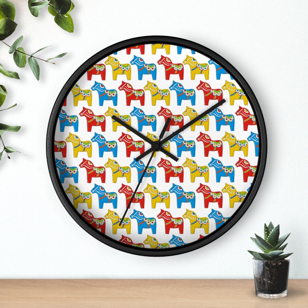 Dala Horse Wall Clock BRIGHT Version Scandinavian Folk Art Dalarna ...