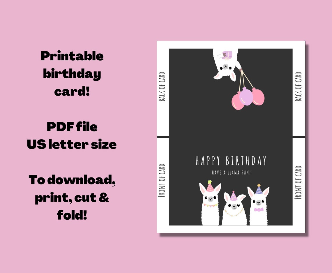 Printable Llama Happy Birthday Card Instant Download 7x5 Inch Cards for ...