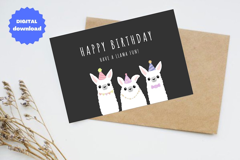 Printable Llama Happy Birthday Card Instant Download 7x5 Inch Cards for ...