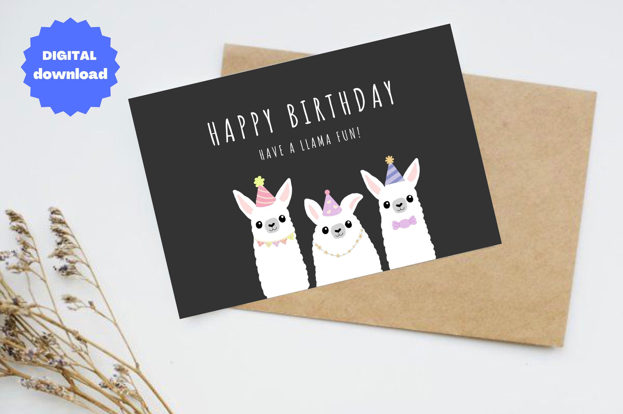Printable Llama Happy Birthday Card Instant Download 7x5 Inch Cards for ...