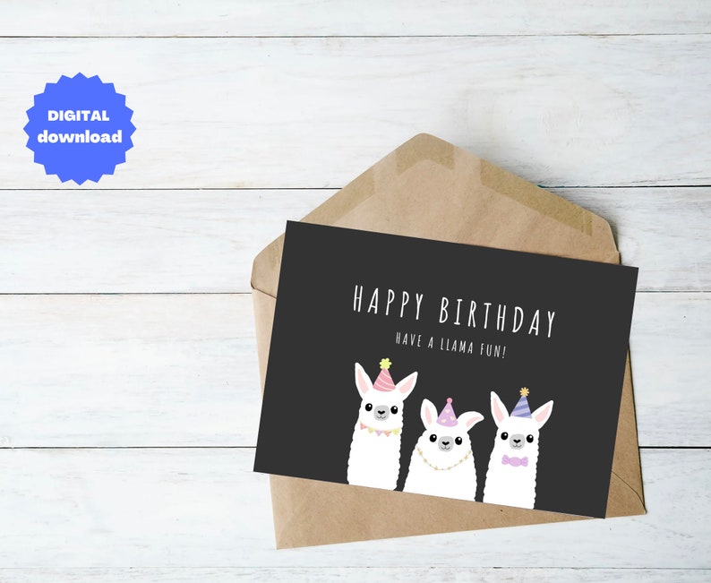 Printable Llama Happy Birthday Card Instant Download 7x5 Inch Cards for ...