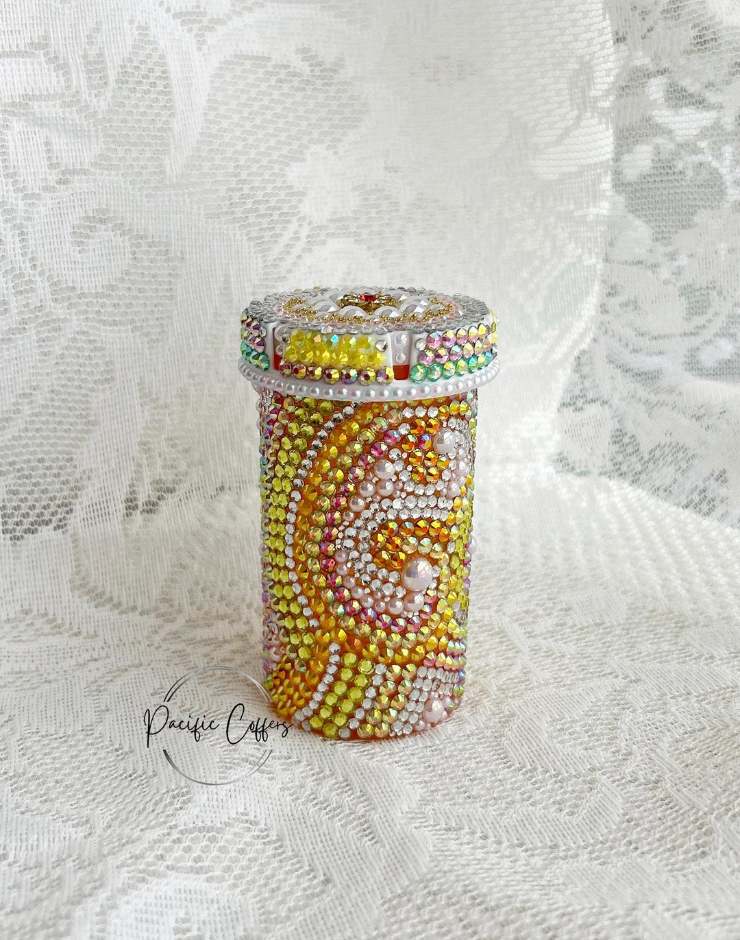 Sparkling Rhinestone & Pearl Pill Storage Bottle Handmade Crystallized ...