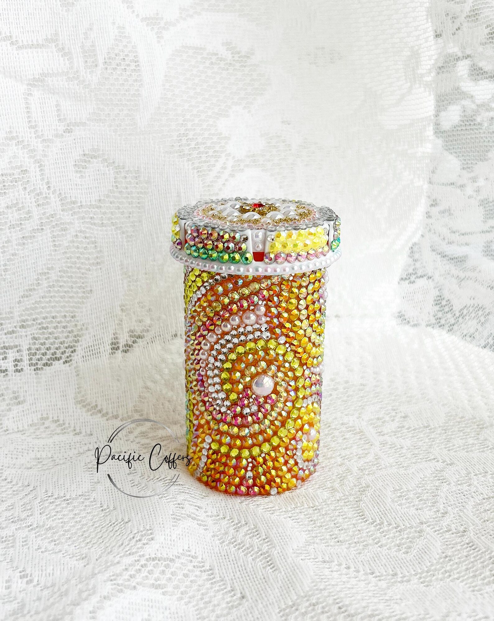 Sparkling Rhinestone & Pearl Pill Storage Bottle Handmade Crystallized ...