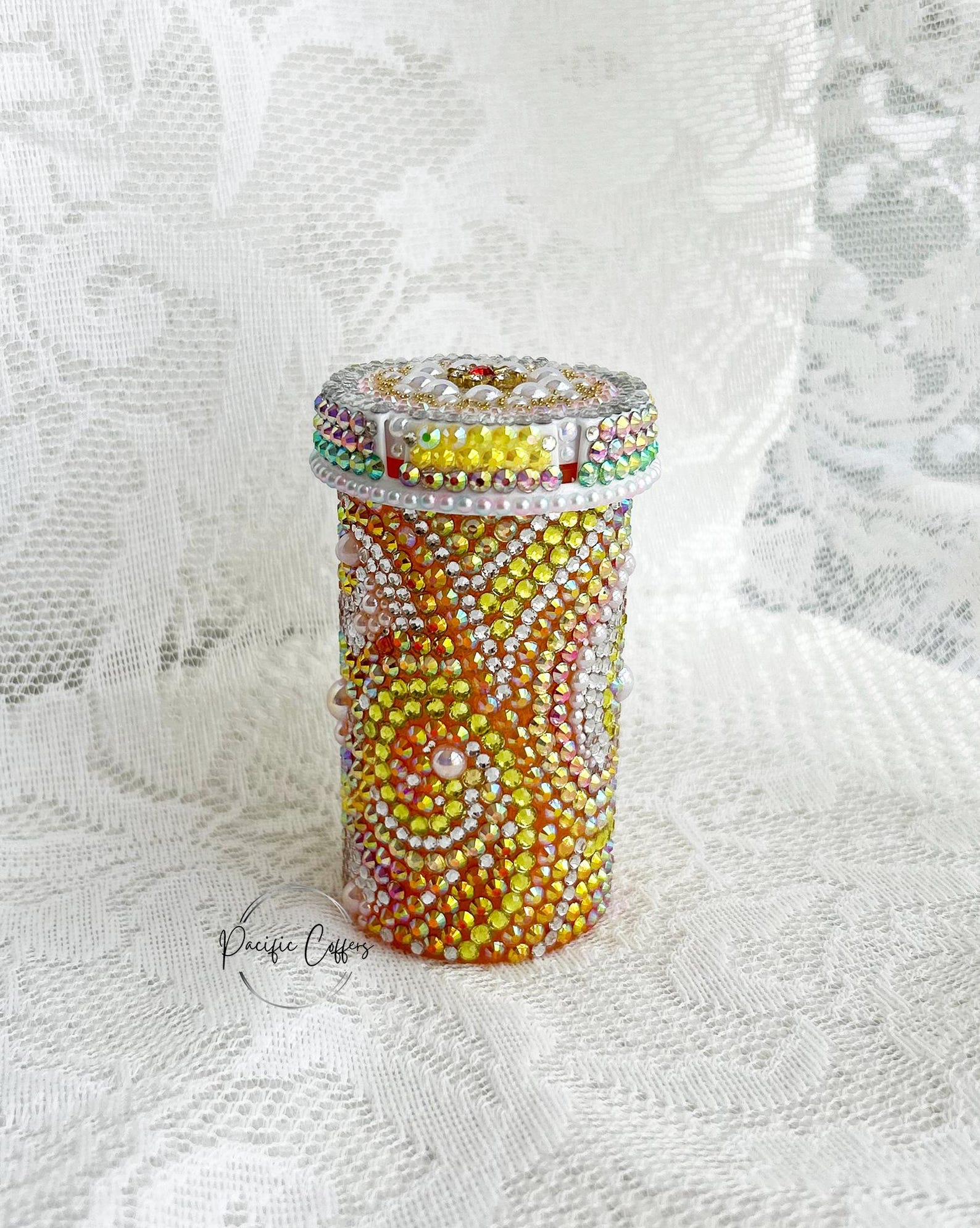 Sparkling Rhinestone & Pearl Pill Storage Bottle Handmade Crystallized ...