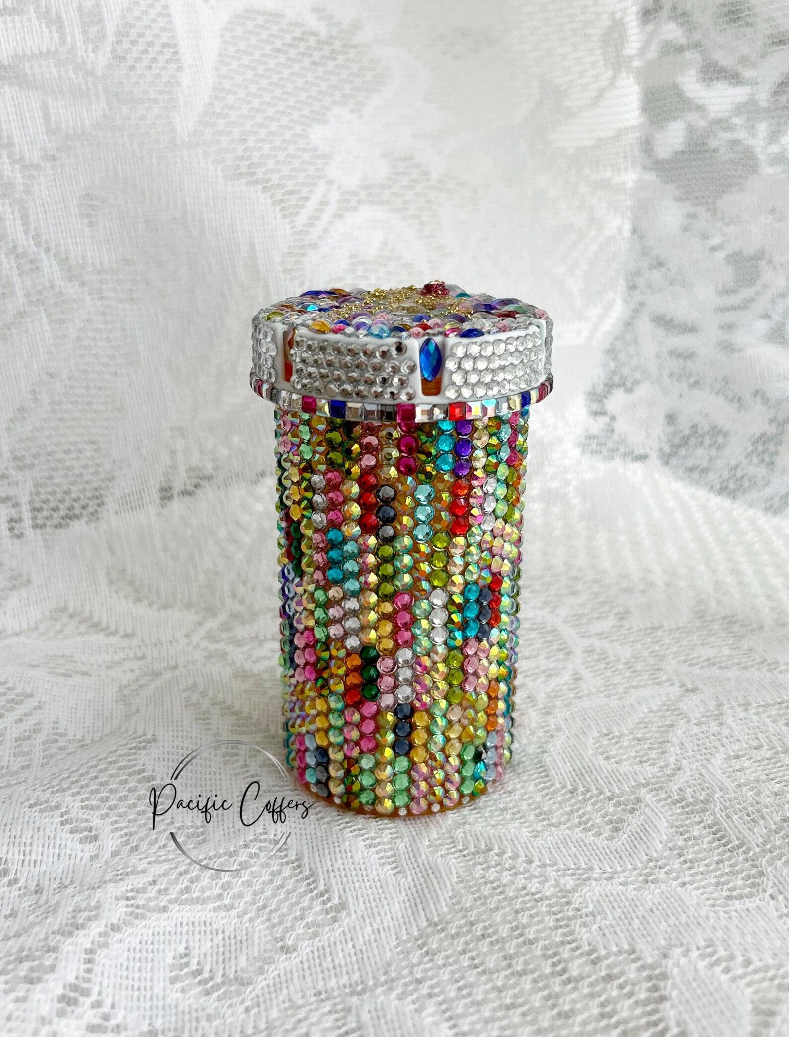 Sparkling Rhinestone & Pearl Pill Storage Bottle Handmade Crystallized ...