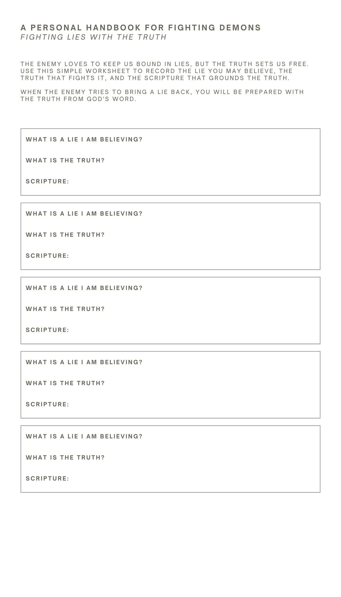 Replacing Lies With Truth Worksheet | Personal Handbook for Fighting ...