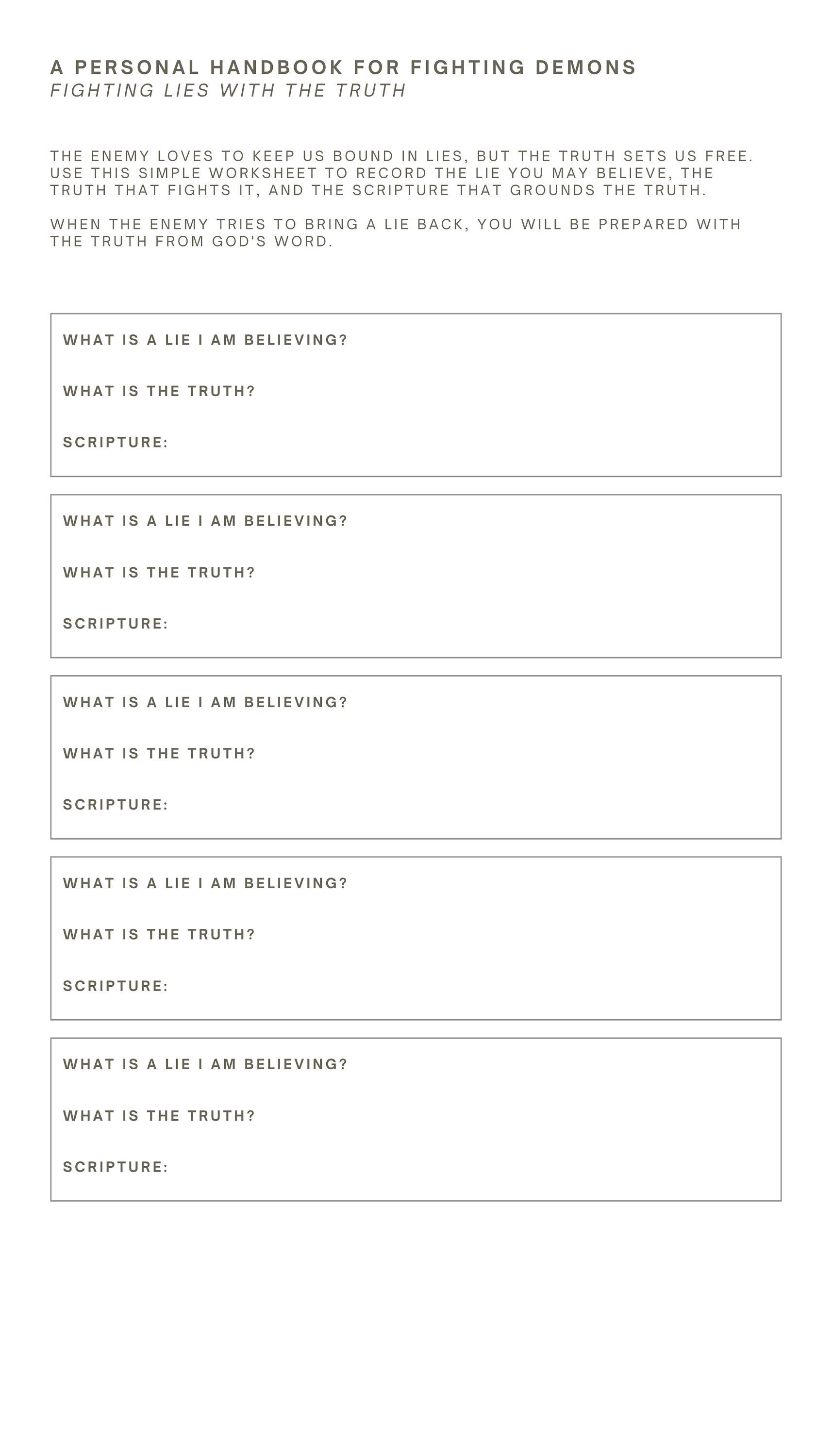 Replacing Lies With Truth Worksheet | Personal Handbook for Fighting ...