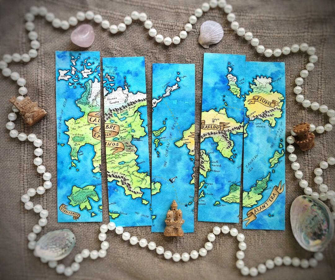 Hand Painted Fantasy Map Bookmark Set Original Watercolor Cartography ...