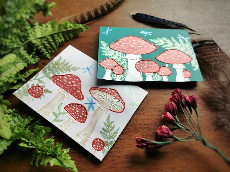 Hand Painted Mushroom Cards 3D Metallic Fly Agaric Painting Original ...