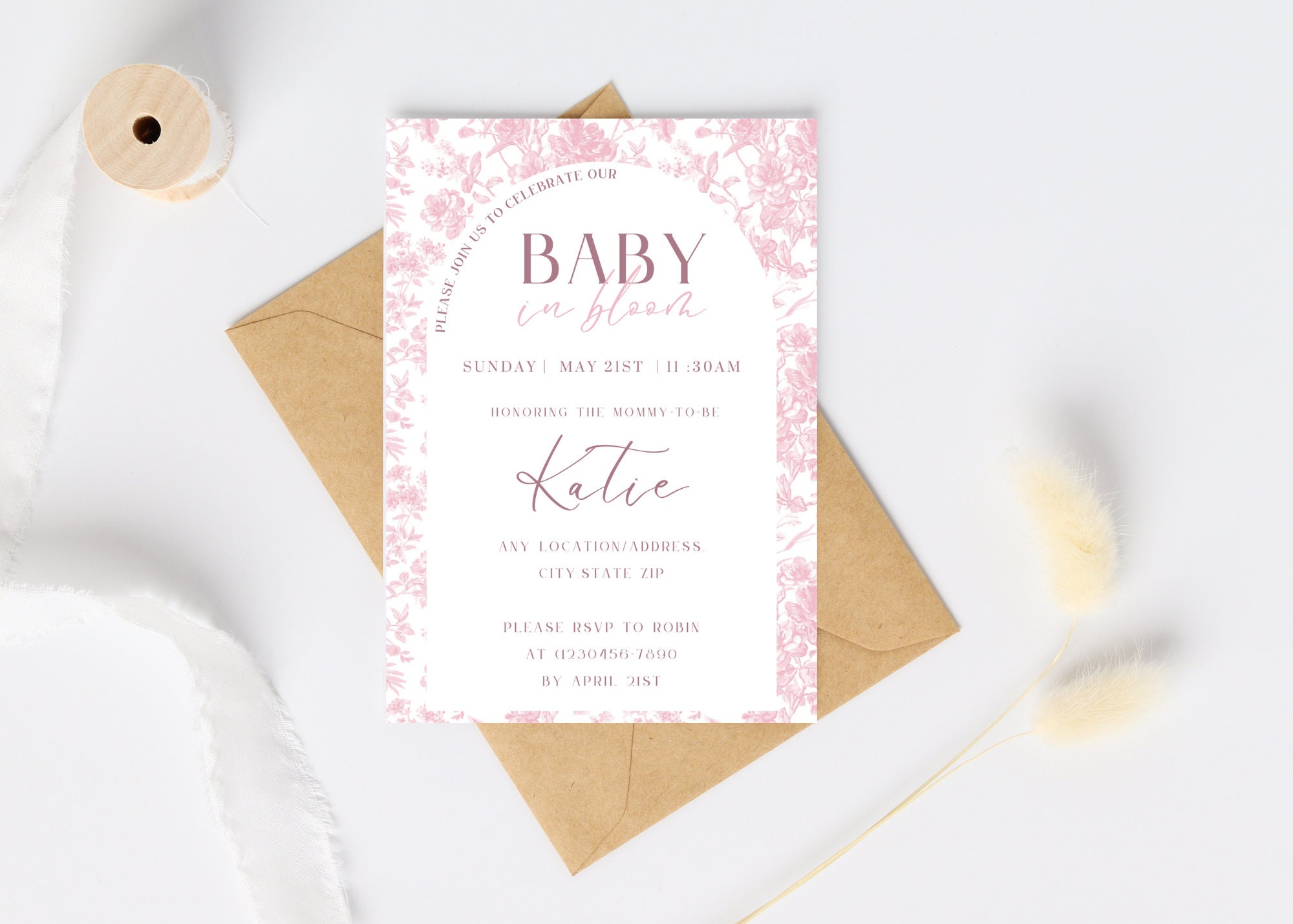 Pink Baby in Bloom Digital Invitation Template - Etsy