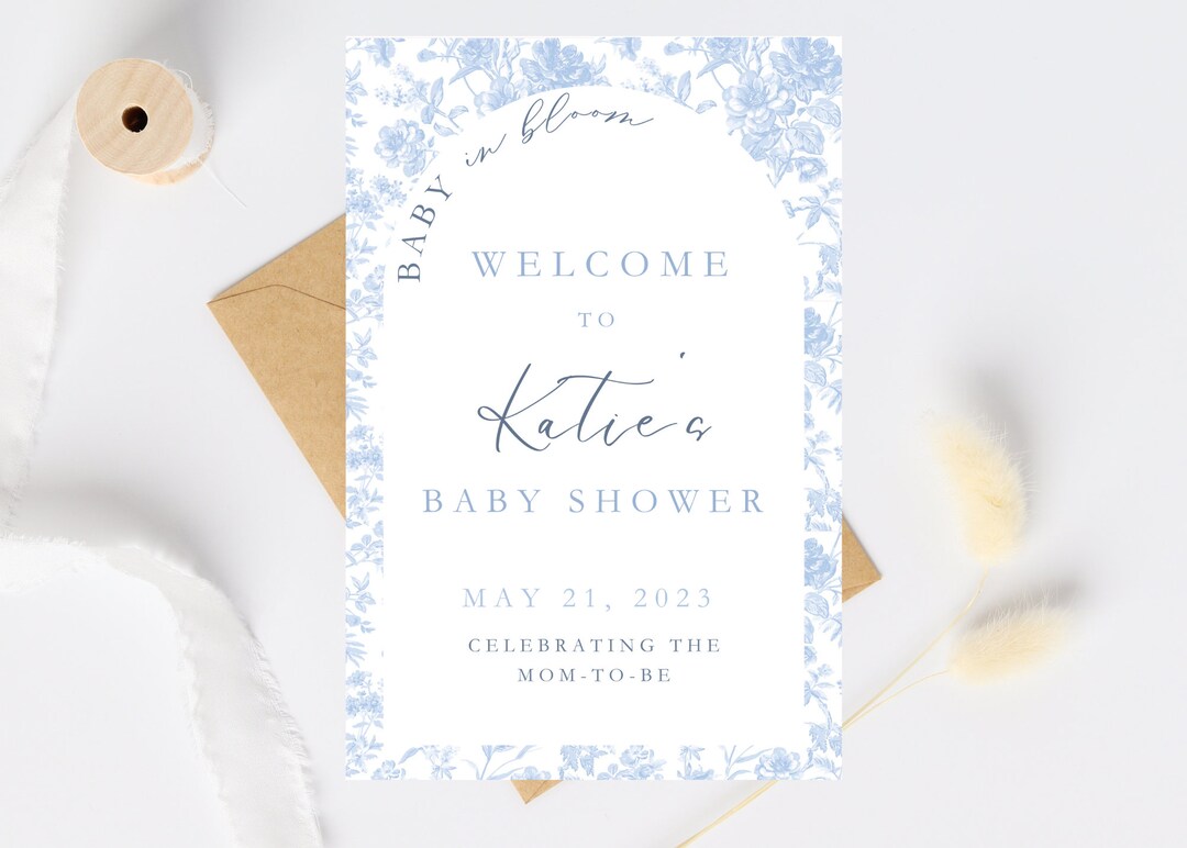 Dusty Blue Toile Baby in Bloom Welcome Sign - Etsy