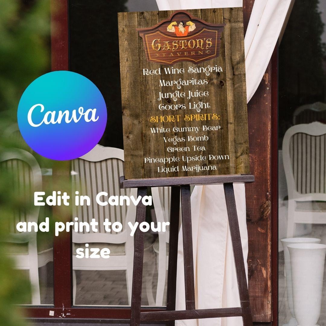 Disney's Gaston's Tavern Bar Event Sign -customizable Canva Edit ...