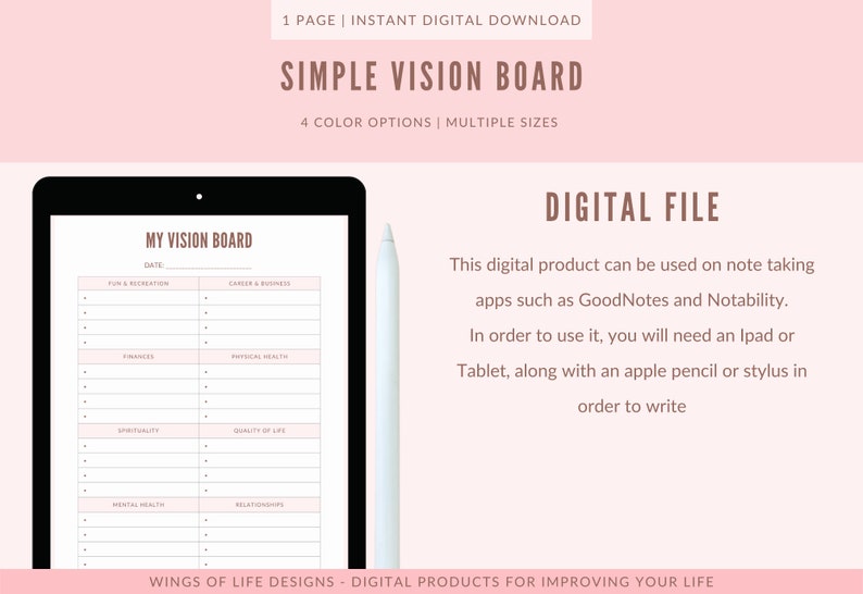 Simple Vision Board Digital Worksheet: Vision Board, Digital Worksheet ...