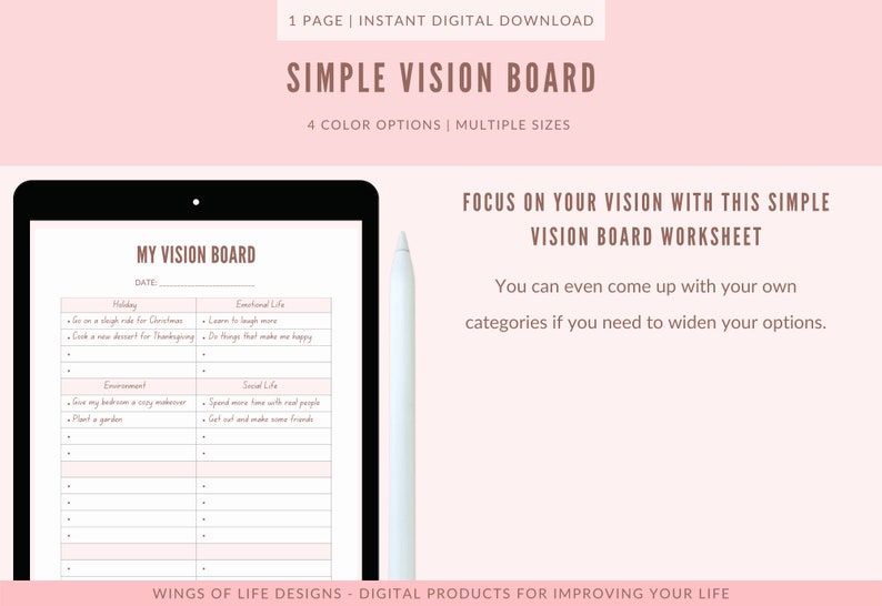 Simple Vision Board Digital Worksheet: Vision Board Digital - Etsy