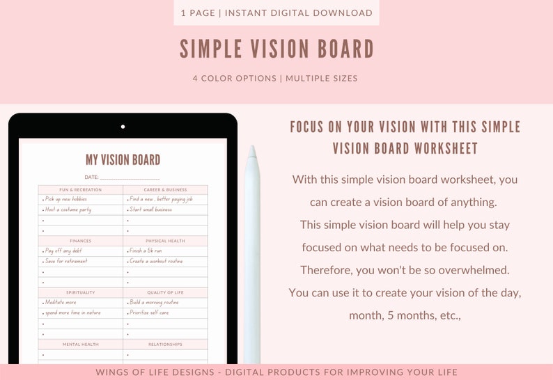 Simple Vision Board Digital Worksheet: Vision Board, Digital Worksheet ...