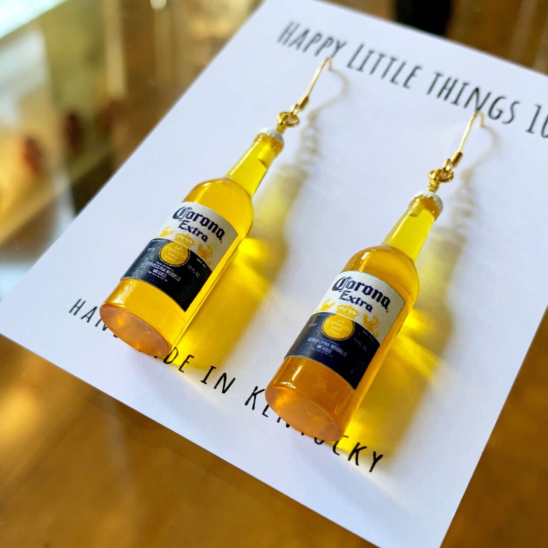 Miniature Beer Bottle Dangle Earrings: 18K Gold Plated Stainless Hooks ...