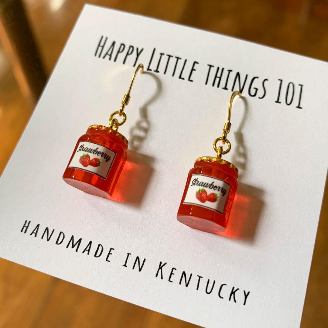 Strawberry Jam Jar Dangle Earrings: Quality 18K Gold Plated Stainless ...