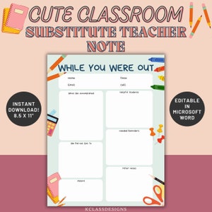 Substitute Teacher Note Cute Classic Classroom Printable Substitute ...